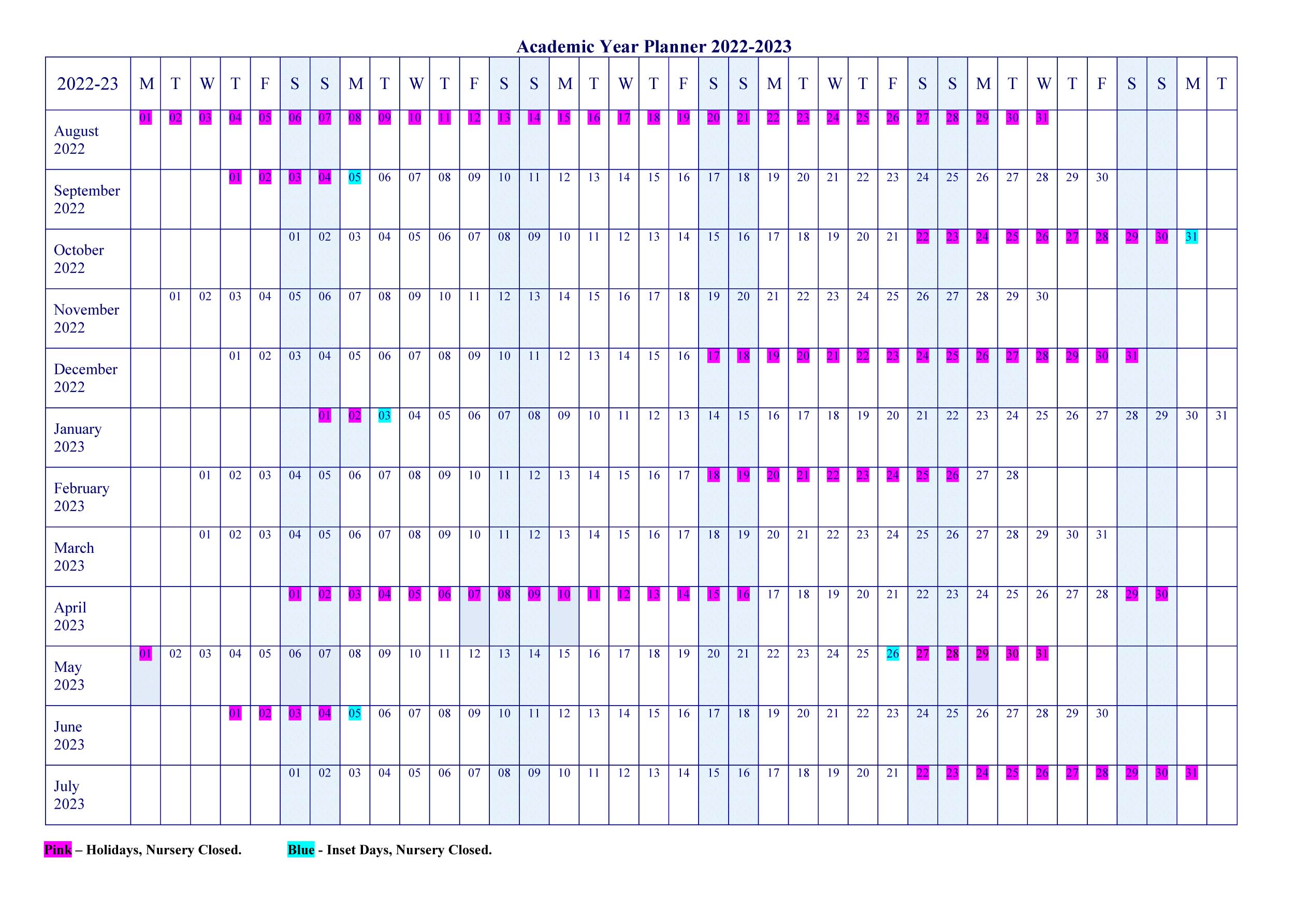 Academic Year Planner | Hindley Nursery School